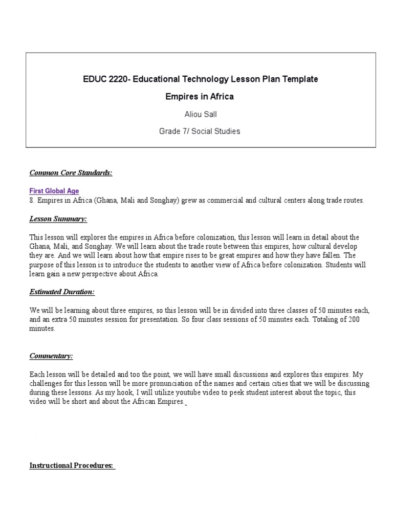 EDUC 2220-Educational Technology Lesson Plan Template Empires in Africa | PDF | Quality Of Life ...