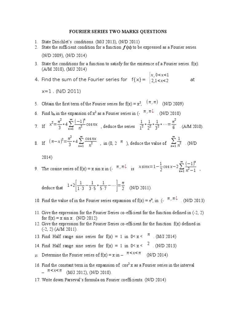 Fourier Series Two Marks Questions | PDF | Fourier Series | Fourier ...