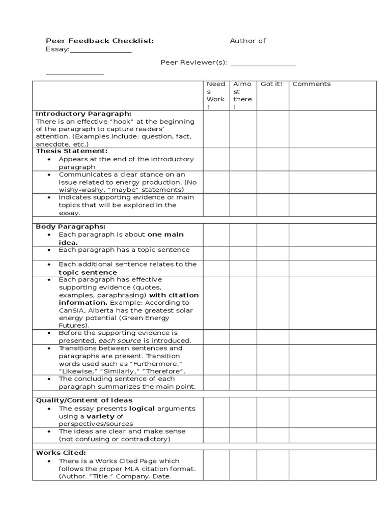 Peer Feedback Checklist (Essay | PDF | Philosophy | Language Arts ...