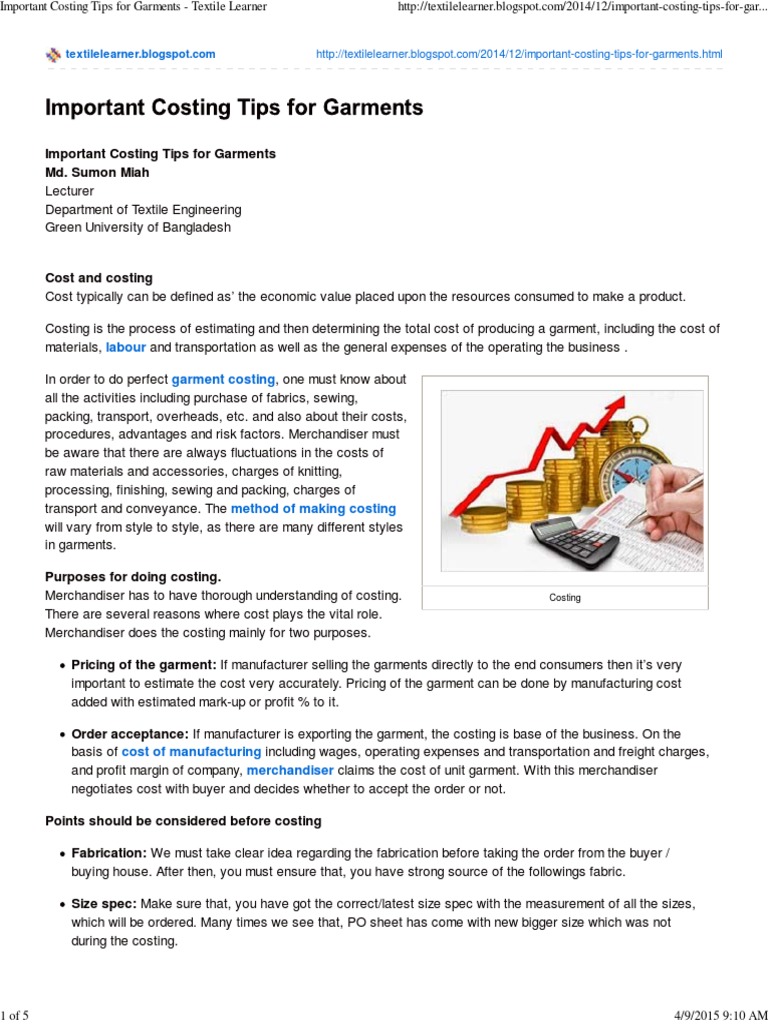 Important Costing Tips For Garments - Textile Learner | PDF | Cost ...