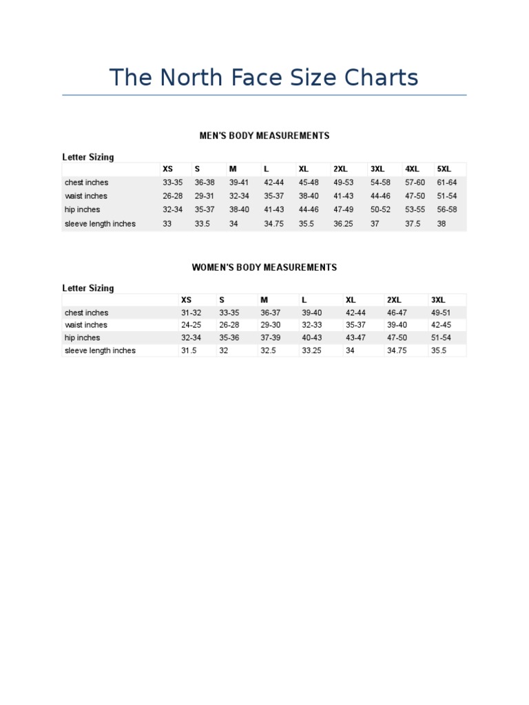 The North Face Size Charts | PDF