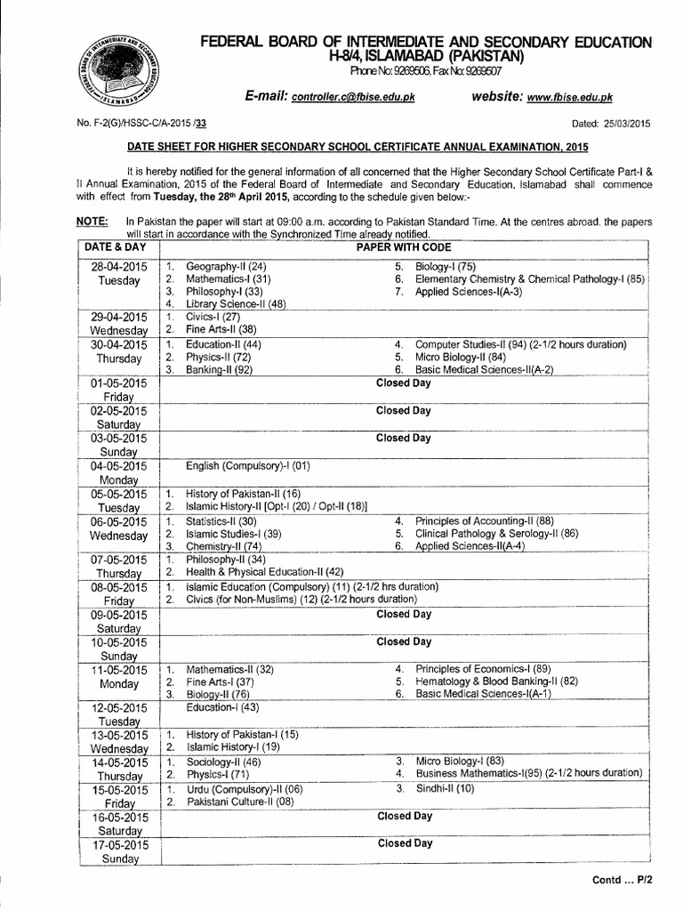 FBISE Federal Board 1st, 2nd Year Date Sheet 2015 | PDF
