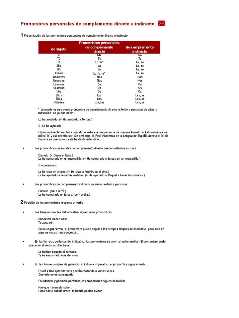 Pronombres Personales de Complemento Directo e Indirecto | PDF | Objeto (gramática) | Verbo