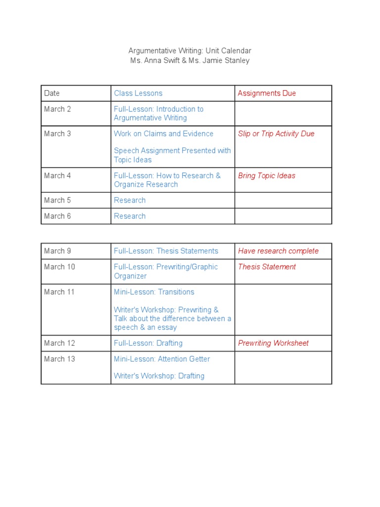 Unit Calendar | PDF | Language Arts & Discipline