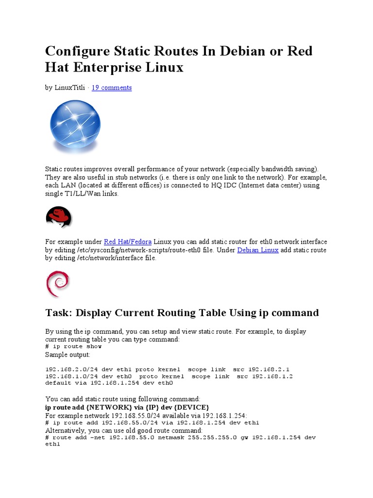 Configure Static Routes In Debian Or Red Hat Enterprise Linux Pdf