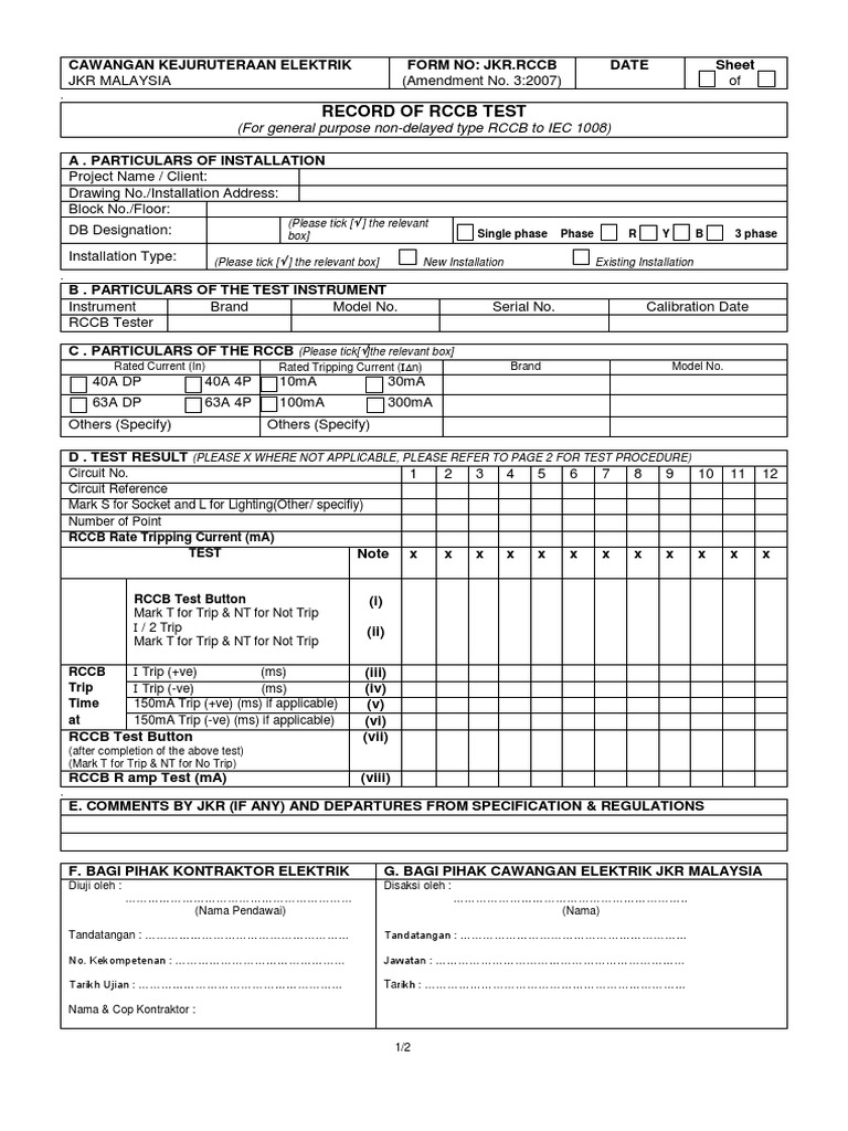 RCCB Test Record Form | PDF | Electrical Components | Electrical ...