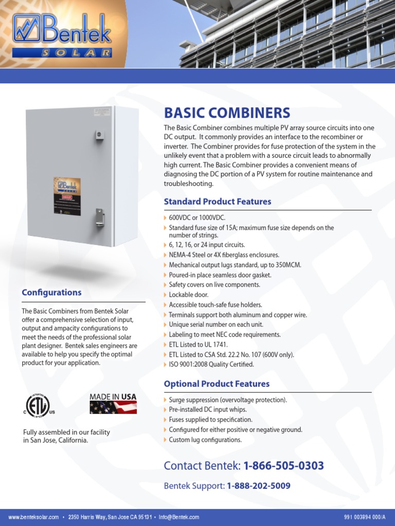 Bentek Basic Combiners DS | PDF | Fuse (Electrical) | Photovoltaic System
