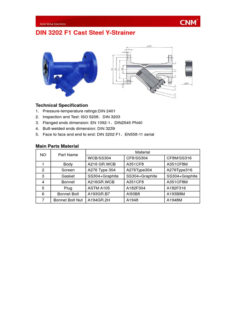 DIN 3202 F1 Cast Steel Y-Strainer: Technical Specification | PDF