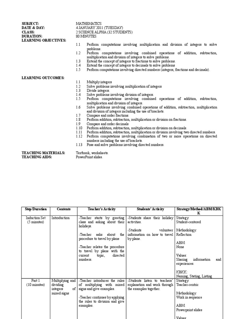 Directed Numbers - Lesson Plan | PDF | Division (Mathematics ...