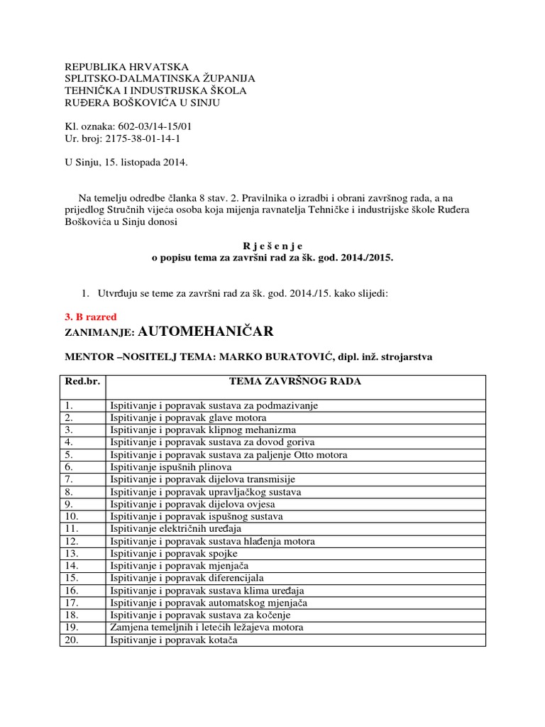 Popis Tema Za Zavrsni Rad | PDF