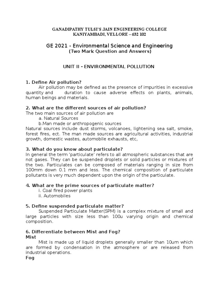 Environmental Science and Engineering: Two Mark Question and Answers on ...