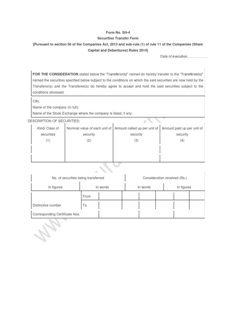Format Form No. SH-4 Securities Transfer Form | PDF | Securities (Finance) | Financial Markets