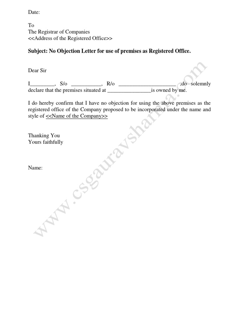 No Objection Letter For Use of Premises As Registered Office. | PDF