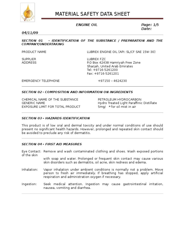 Msds Engine Oil API SLCF Sae 15w-30 | PDF | Motor Oil | Petroleum