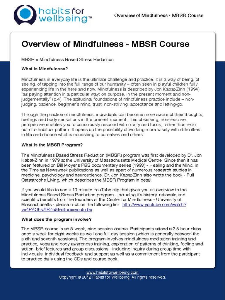 April 6 2012 Overview MBSR Course | PDF | Mindfulness | Meditation