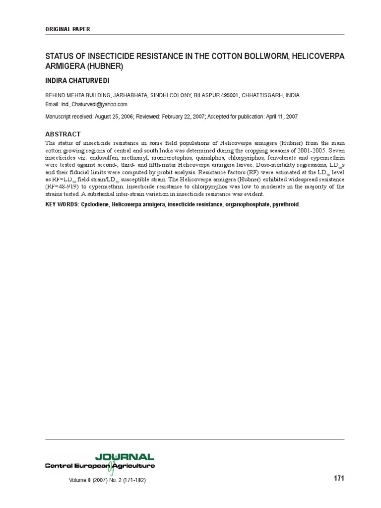 Status of Insecticide Resistance in The Cotton Bollworm, Helicoverpa Armigera (Hubner) | PDF ...