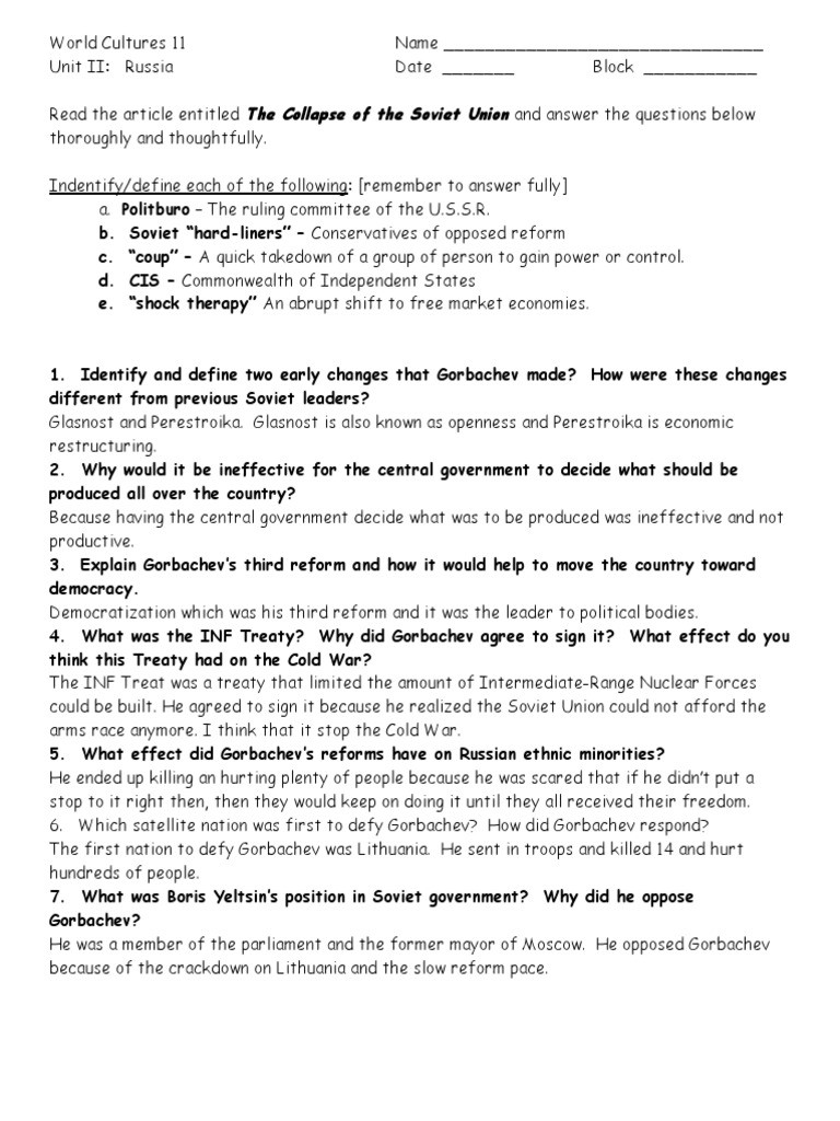 Reading Questions On The Collapse of The Ussr | PDF | Mikhail Gorbachev ...