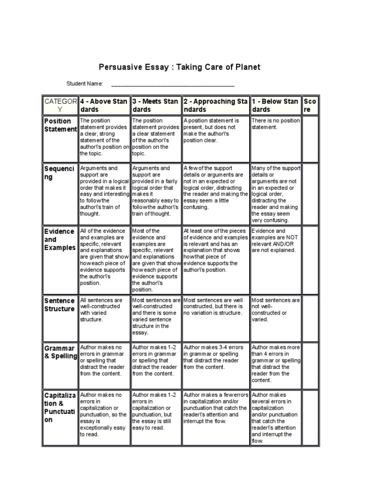 Persuasive Essay Rubric | PDF | Essays | Argument