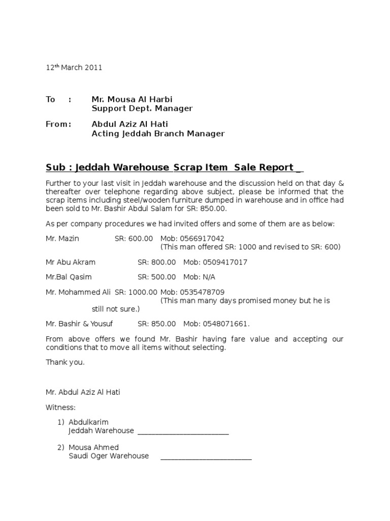 Sub: Jeddah Warehouse Scrap Item Sale Report | PDF