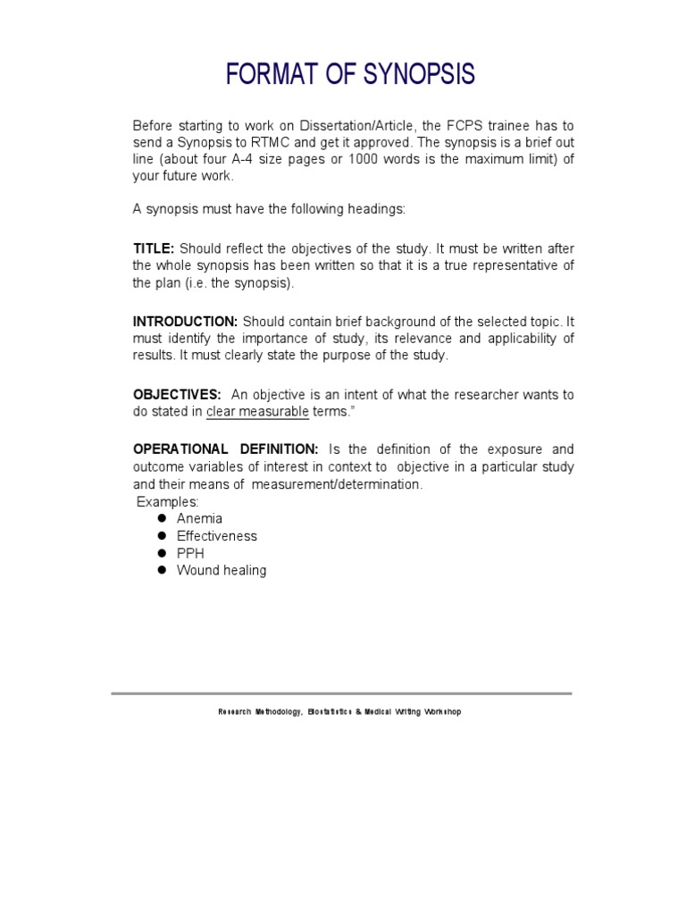 Format of Synopsis: Research Methodology, Biostatistics & Medical ...