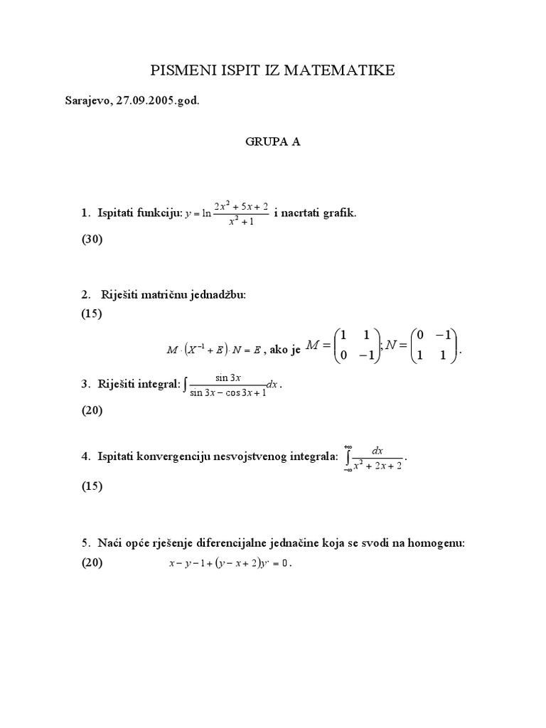 Zadaci Sa Ispitnih Rokova Iz Matematike | PDF