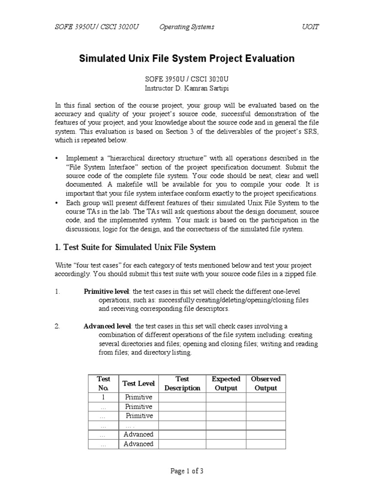 Simulated Unix File System Project Evaluation: SOFE 3950U / CSCI 3020U Operating Systems Uoit ...