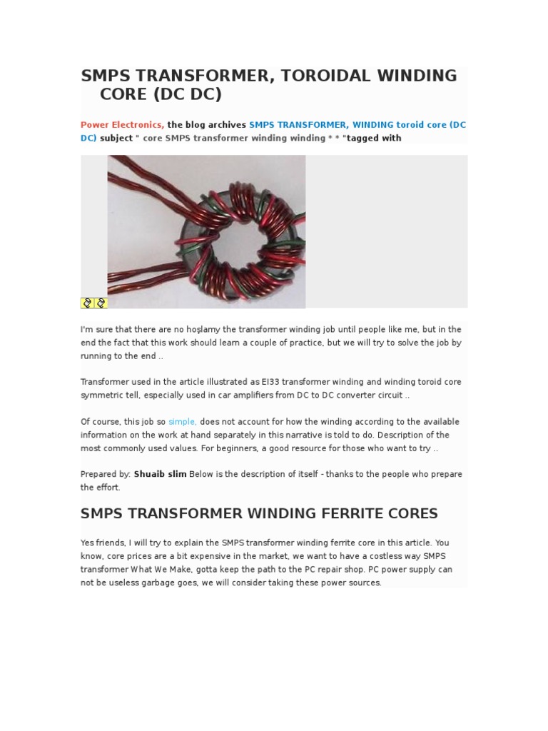 Smps Transformer, Toroidal Winding Core (DC DC) | Download Free PDF ...