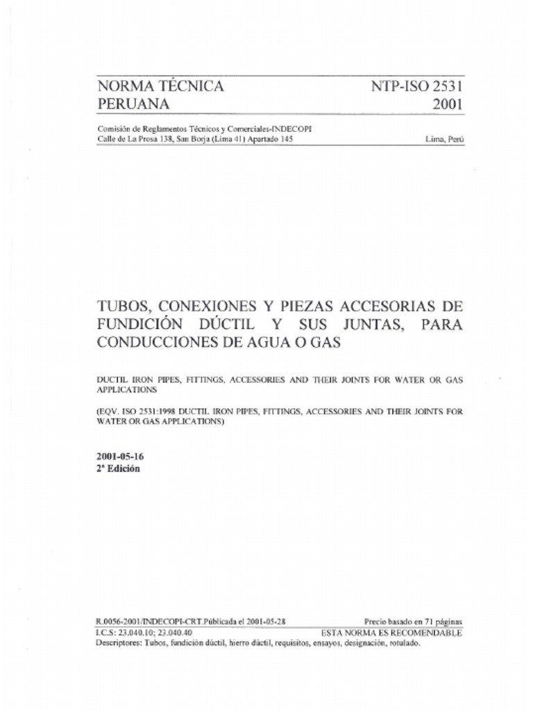 NTP - Iso 2531 - 2001. Tubos, Conexiones y Piezas Accesorias de ...