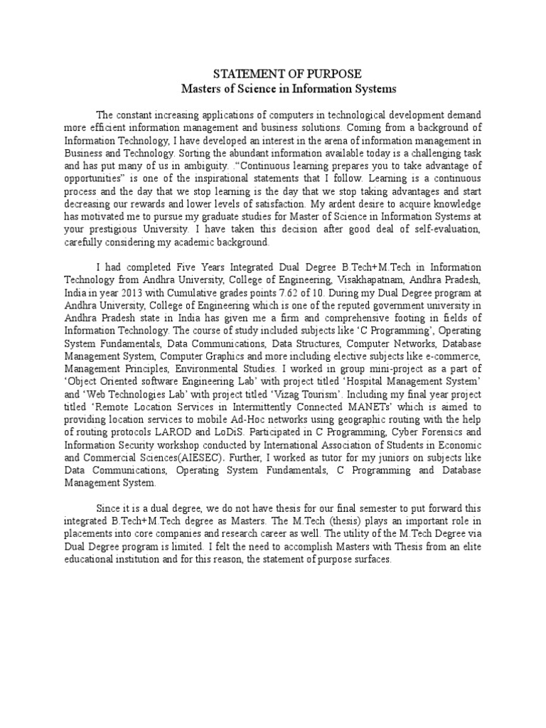 Statement of Purpose Masters of Science in Information Systems | PDF ...