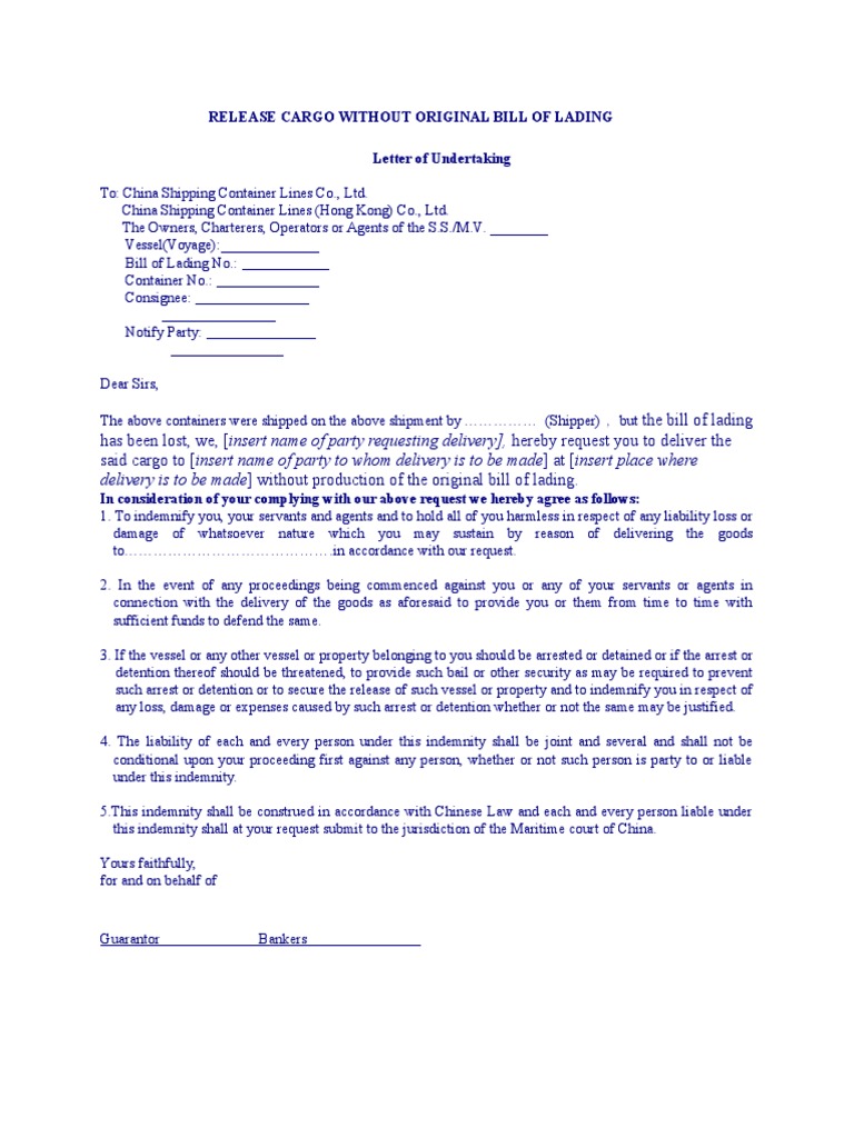 Release Cargo Without Original Bill of Lading - Letter of Undertaking | PDF