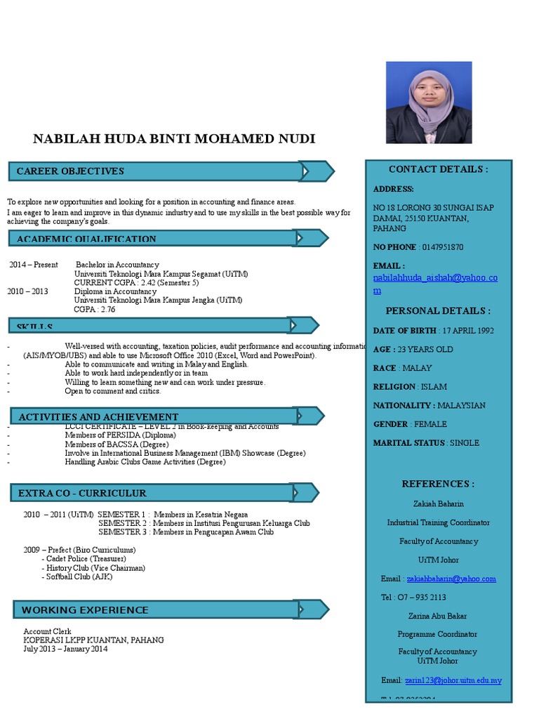 Nabilah Huda Binti Mohamed Nudi: Career Objectives Contact Details | PDF
