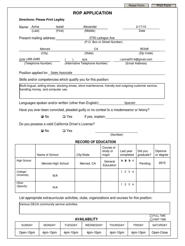 Rop Job Application With Availability - Fillable For Website | PDF ...
