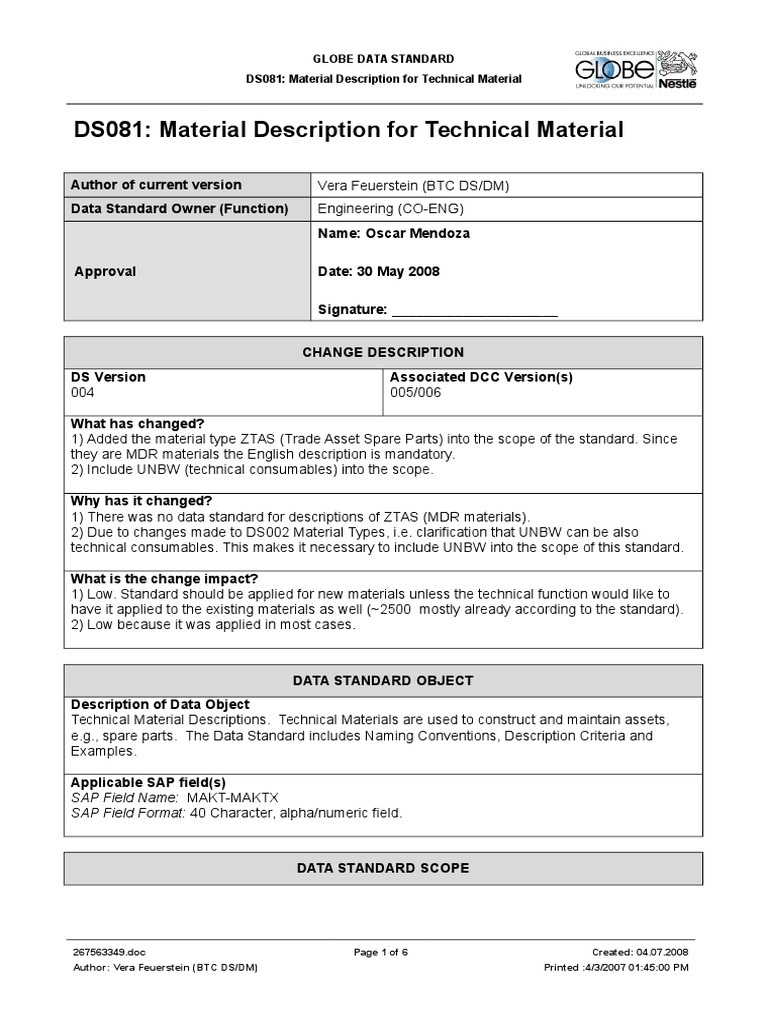 Technical Material Description Standard | PDF | Litre | Letter Case
