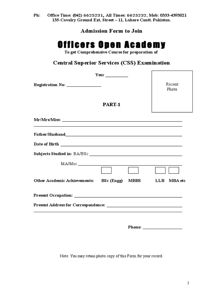 Officers Open Academy: Admission Form To Join | Download Free PDF ...