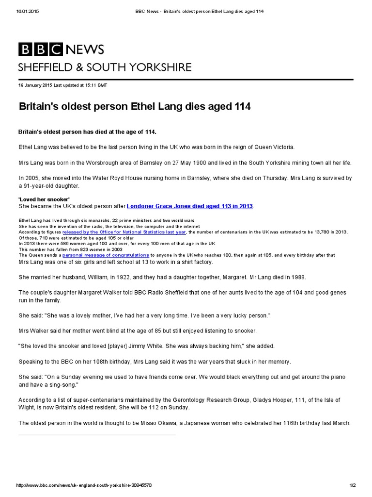 BBC News - Britain's Oldest Person Ethel Lang Dies Aged 114 | PDF ...