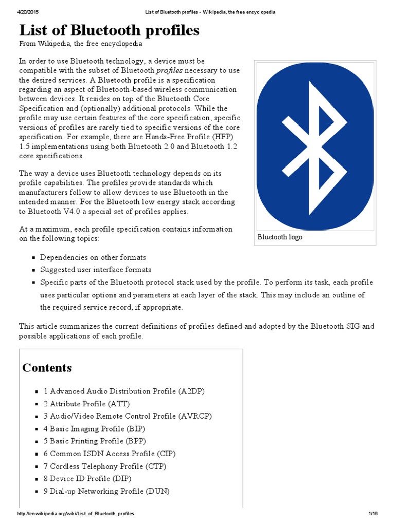 List of Bluetooth Profiles - Wikipedia, The Free Encyclopedia | PDF ...