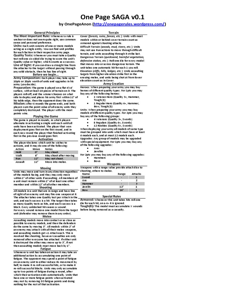 One Page Saga V0.1: by Onepageanon | PDF | Military | Leisure