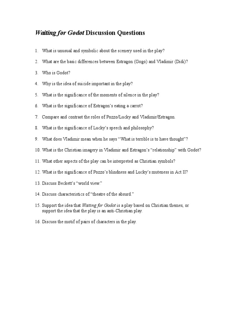 Waiting For Godot Discussion Questions | PDF | Samuel Beckett