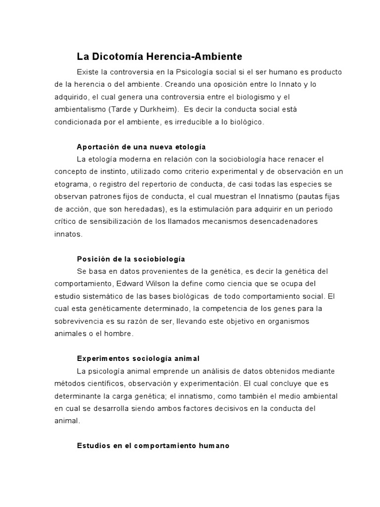 Dicotomía Herencia-Ambiente en Psicología | PDF | Sociobiología ...