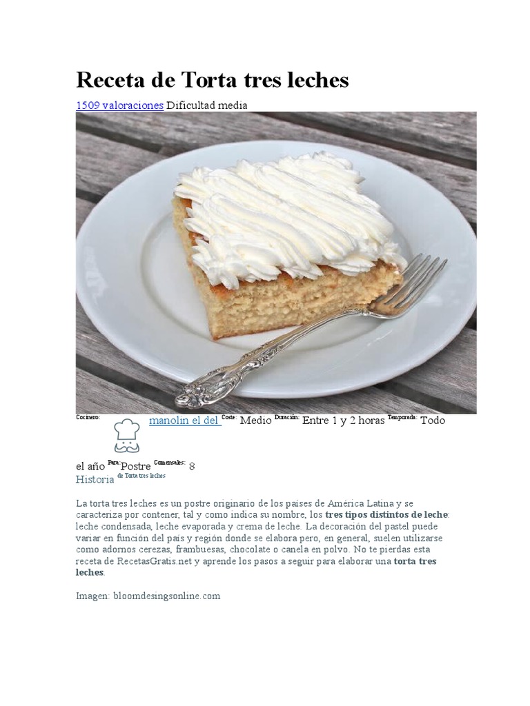 Receta de Torta Tres Leches Fácil | PDF | Postres | Crema