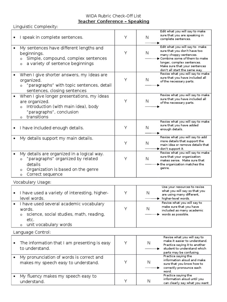 Wida Rubric Check Speaking | PDF | English Language | Sentence ...