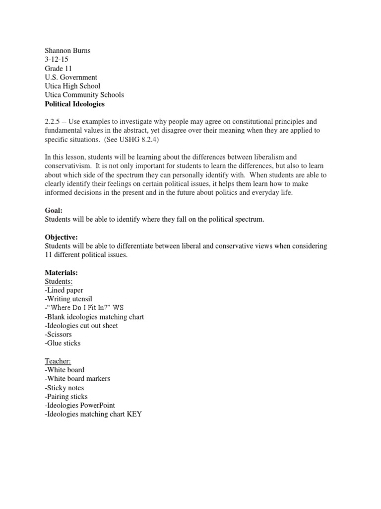 Political Ideologies Lesson Plan | PDF | Lesson Plan | Conservatism