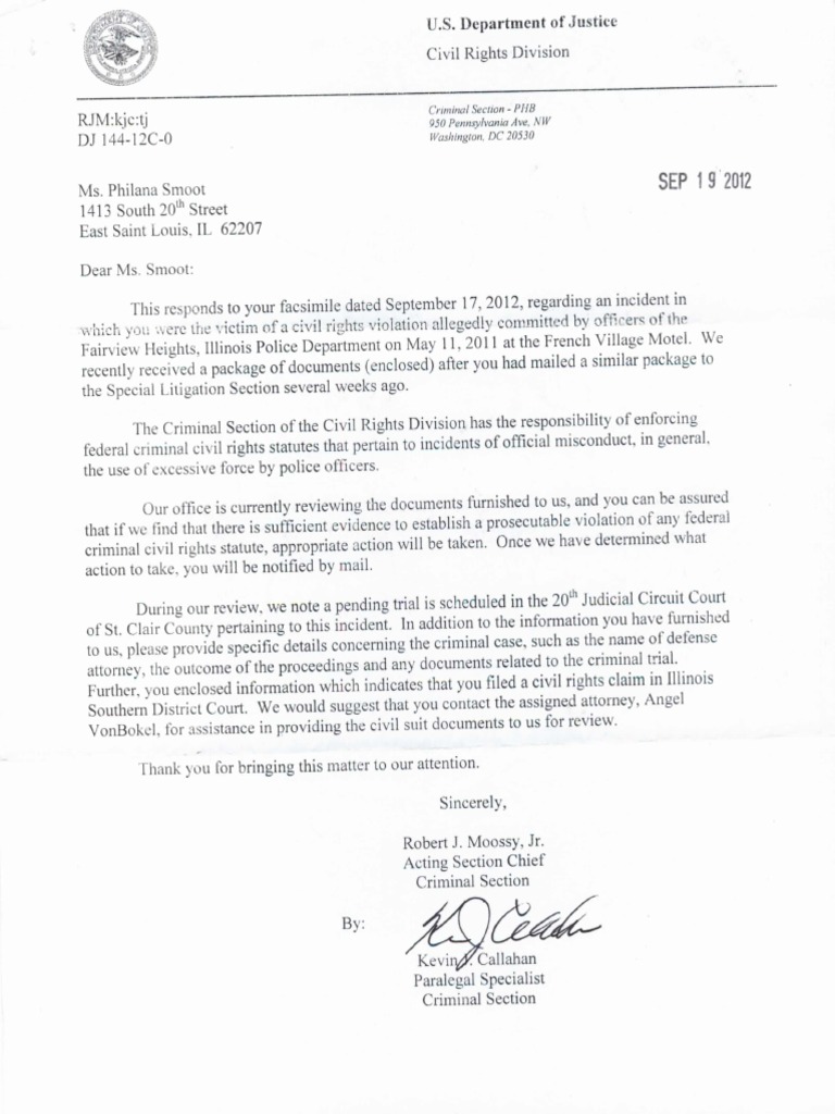 Philana Smoot DOJ Civil Rights Letter