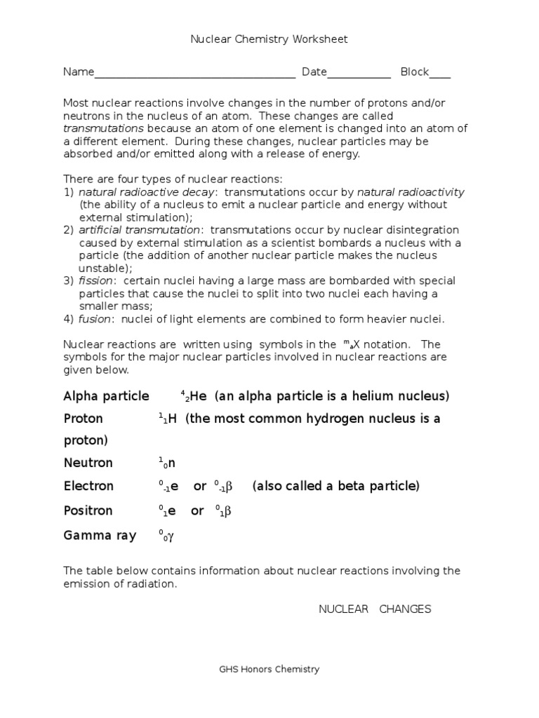 Nuclear Chemistry Reaction Worksheet | PDF | Nuclear Physics | Nuclear ...