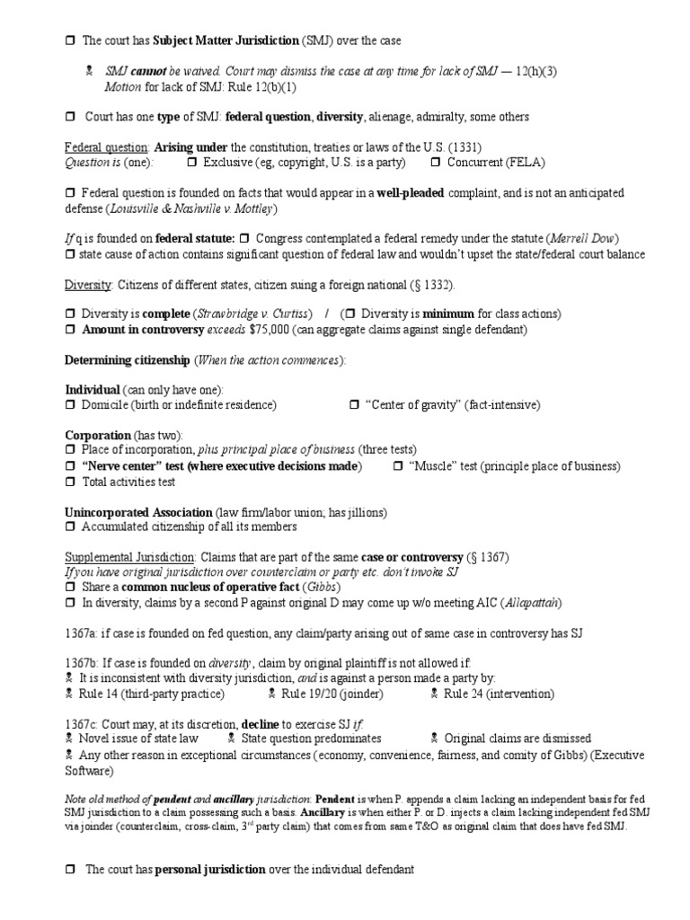 Subject Matter Jurisdiction Overview | PDF | Diversity Jurisdiction ...