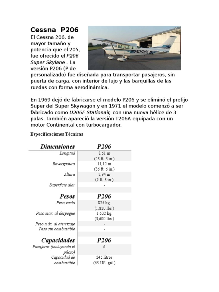 Especificaciones del Cessna P206 | PDF | Negocios