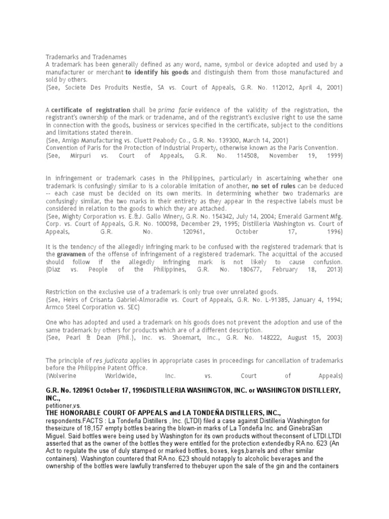 Trademark Cases For IPL | PDF | Trademark | Patent