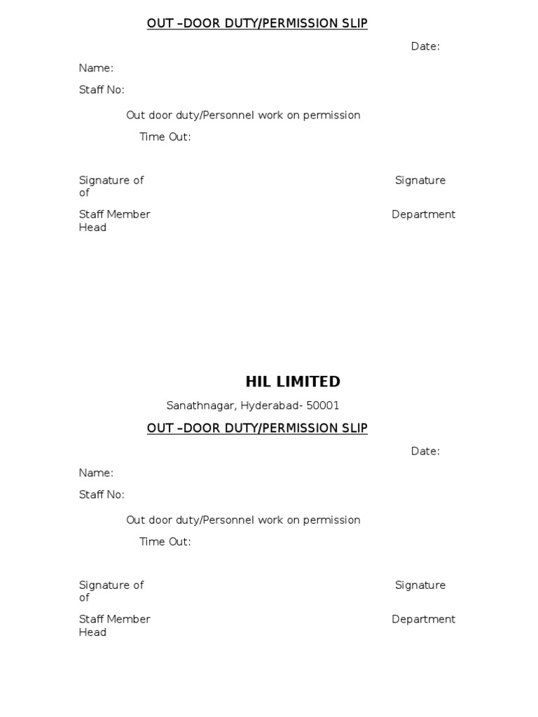 Hil Limited: Out - Door Duty/Permission Slip | PDF