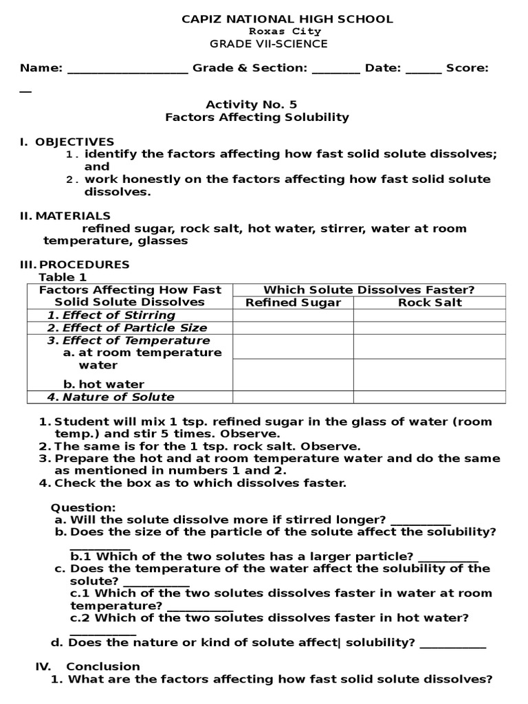 1st Grading Act. 5 Factors Affecting Solubility | PDF