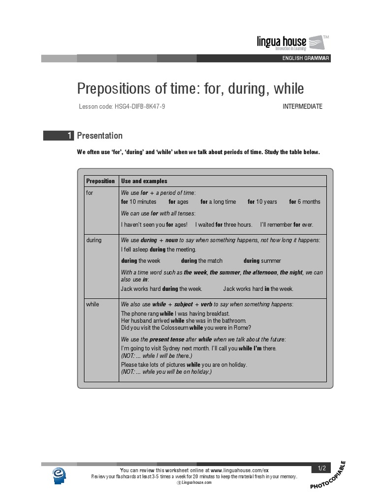 Prepositions of Time - For, During, While | PDF | English Language ...